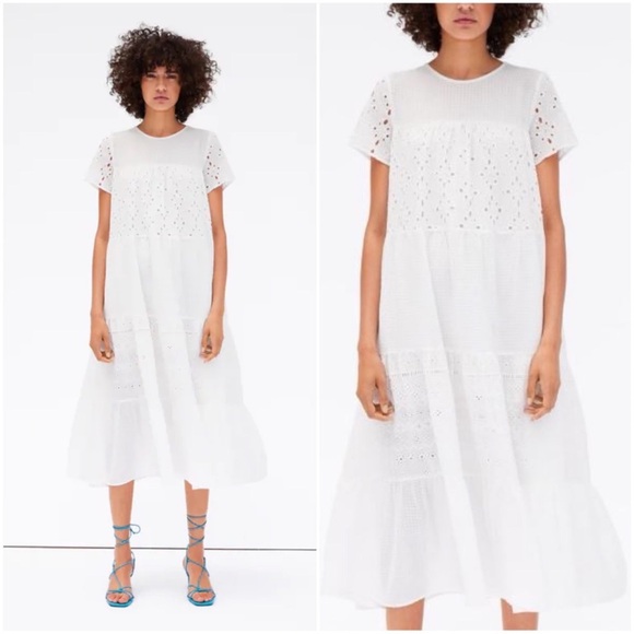 Zara | Dresses | Zara Cutwork Embroidery Tiered Midi Dress | Poshmark